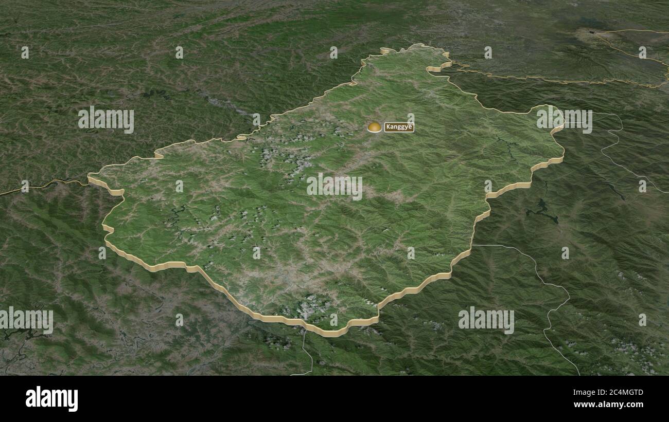 Zoom in on Chagang-do (province of North Korea) extruded. Oblique ...