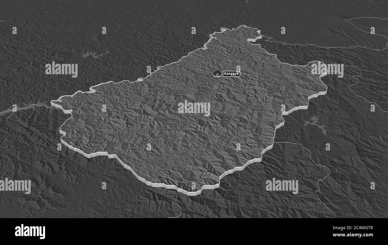 Zoom in on Chagang-do (province of North Korea) extruded. Oblique ...