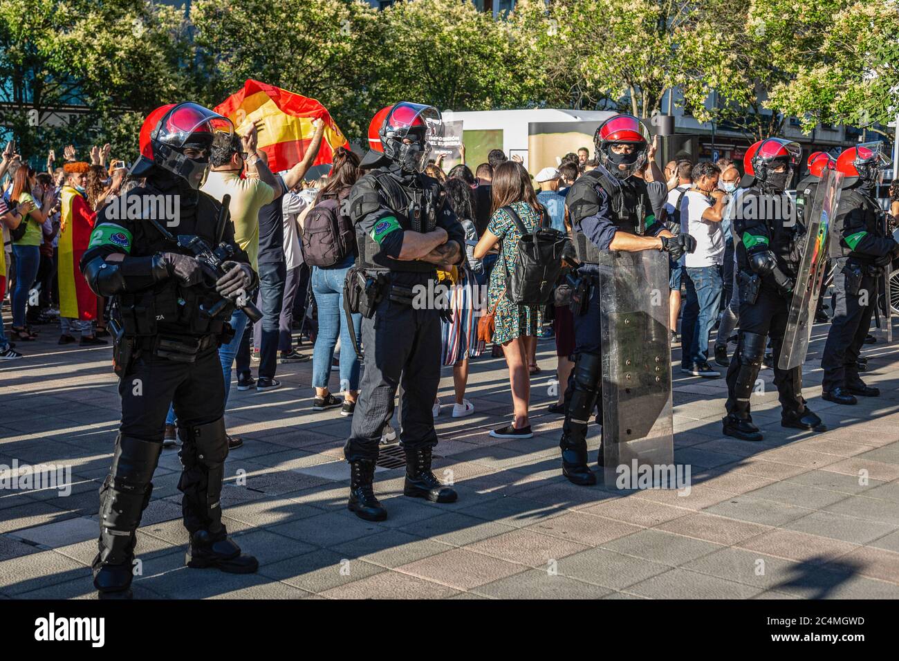 Irun, Spain. 27th June, 2020. Police officers stand as Santiago Abascal ...