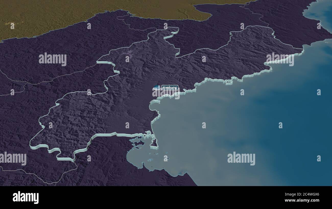 Zoom in on Hamgyŏng-namdo (province of North Korea) extruded. Oblique ...