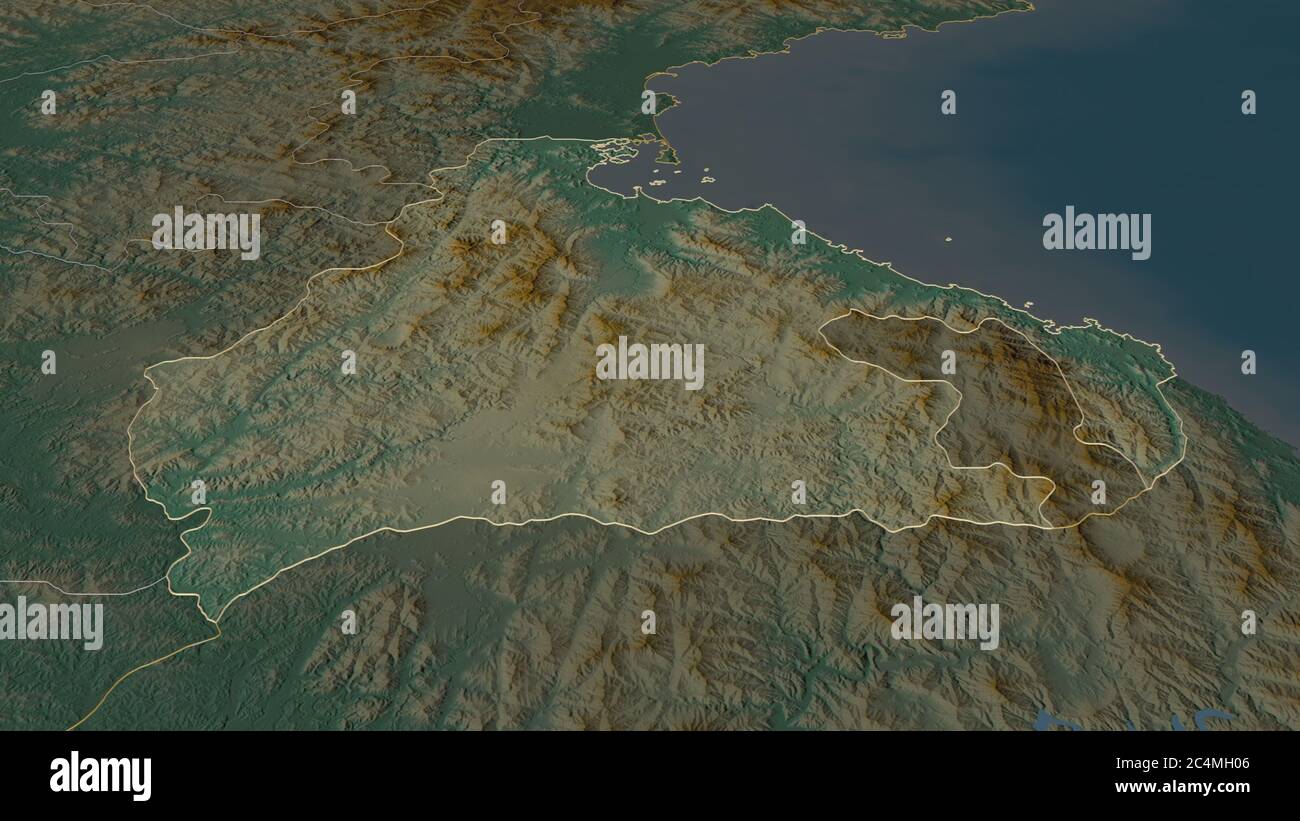 Zoom in on Kangwŏn-do (province of North Korea) outlined. Oblique ...