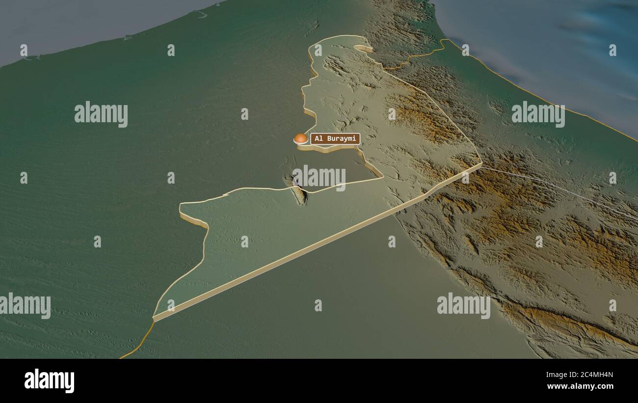 Zoom in on Al Buraymi (region of Oman) extruded. Oblique perspective ...