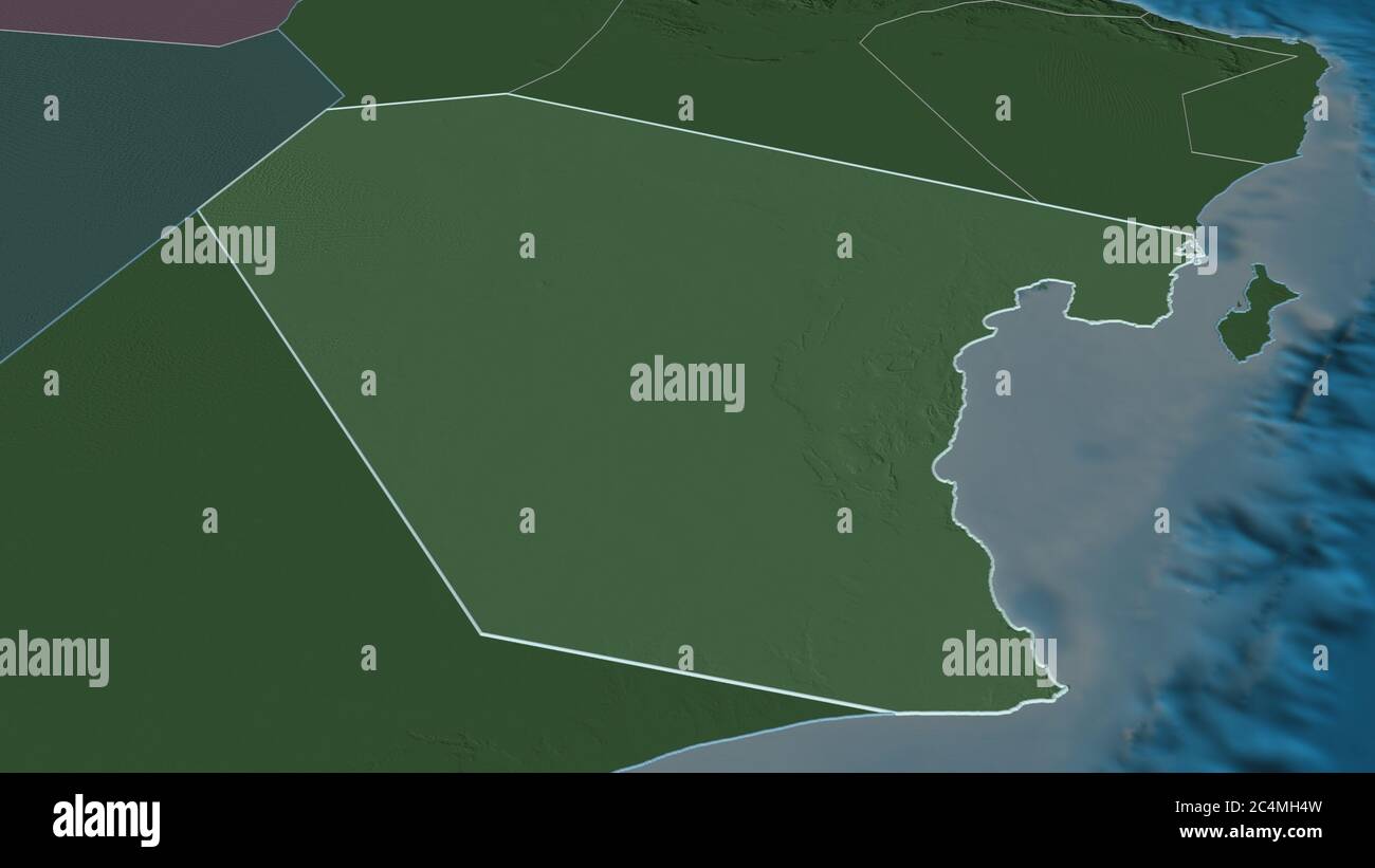 Zoom in on Al Wusta (region of Oman) outlined. Oblique perspective ...