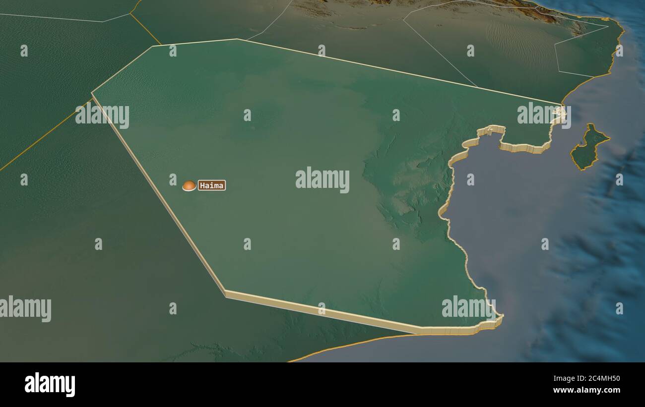 Zoom in on Al Wusta (region of Oman) extruded. Oblique perspective ...