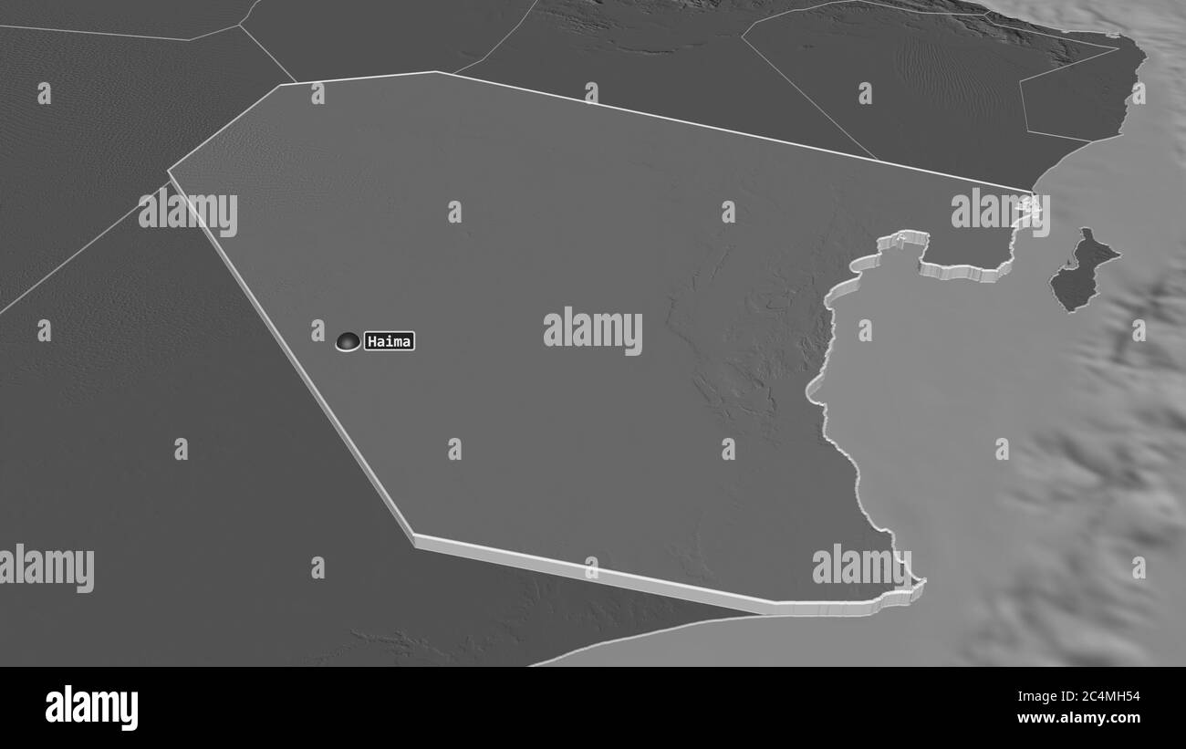 Zoom in on Al Wusta (region of Oman) extruded. Oblique perspective ...