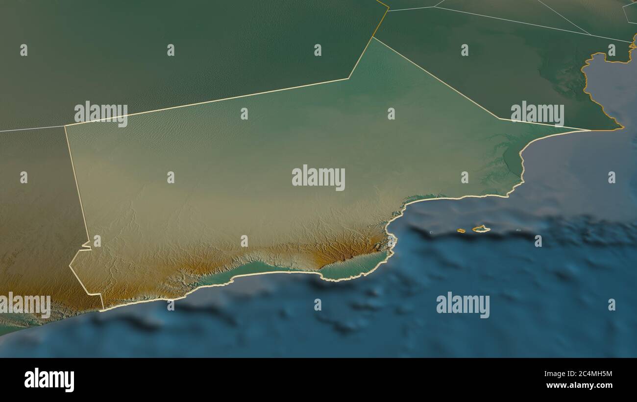 Zoom in on Dhofar (province of Oman) outlined. Oblique perspective ...