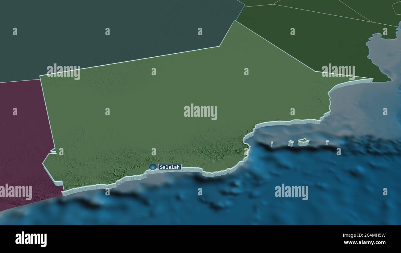 Zoom in on Dhofar (province of Oman) extruded. Oblique perspective ...