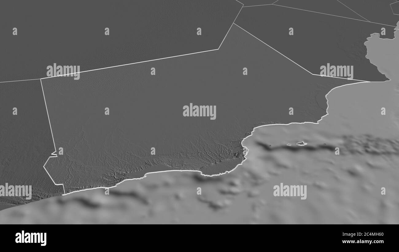 Zoom in on Dhofar (province of Oman) outlined. Oblique perspective ...
