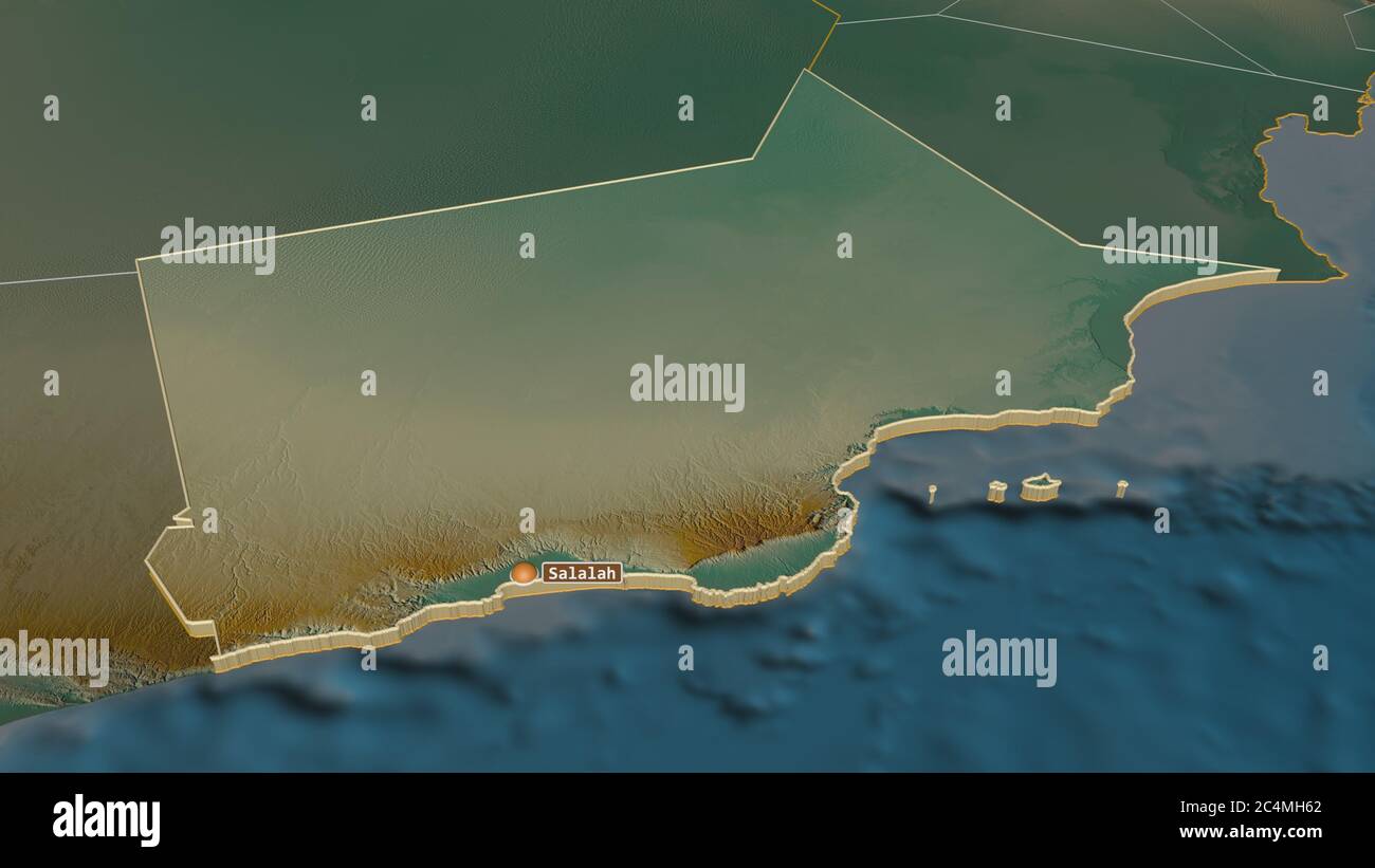 Zoom in on Dhofar (province of Oman) extruded. Oblique perspective ...