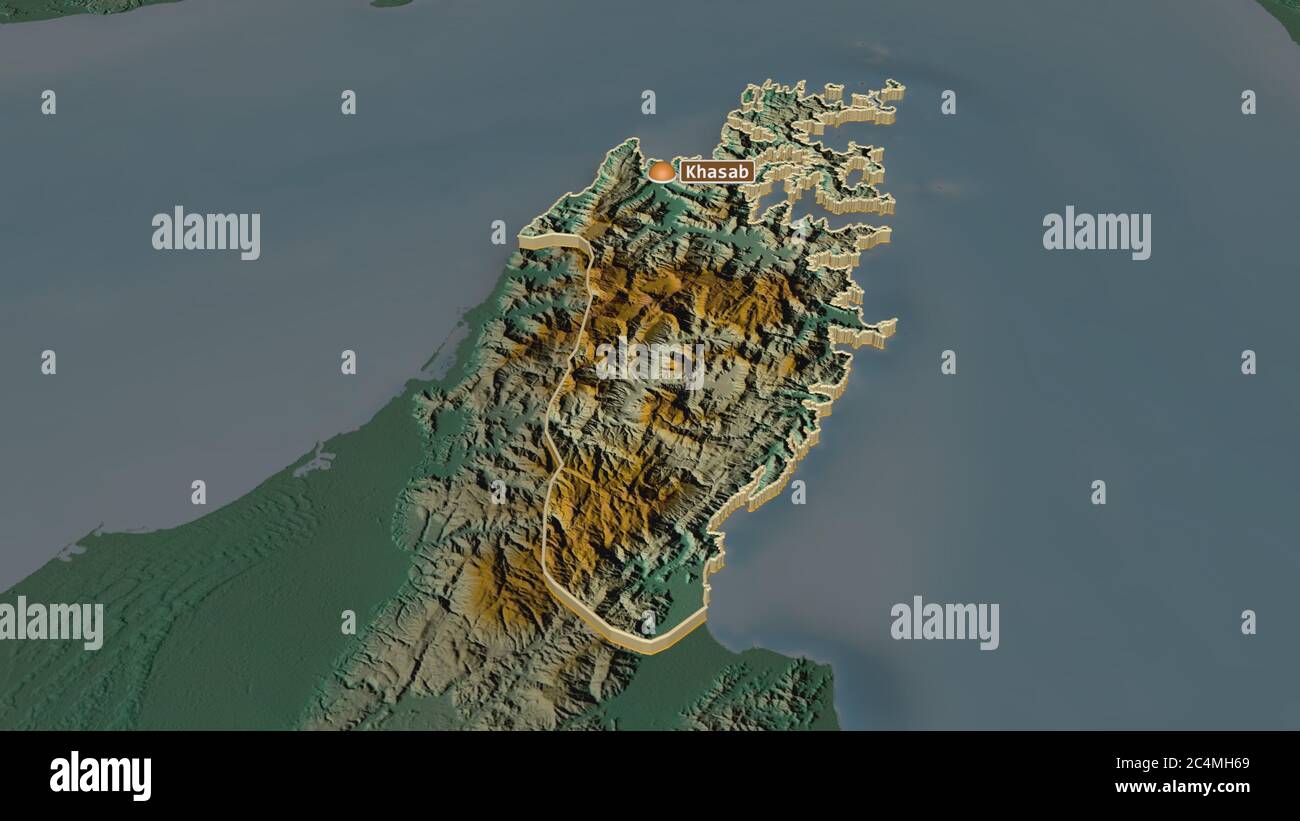 Zoom in on Musandam (province of Oman) extruded. Oblique perspective ...