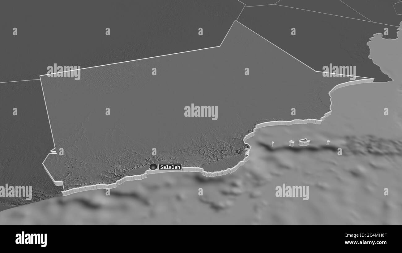 Zoom in on Dhofar (province of Oman) extruded. Oblique perspective ...