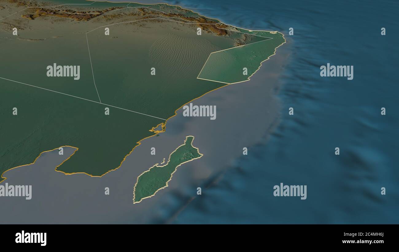 Zoom in on Ash Sharqiyah South (region of Oman) outlined. Oblique perspective. Topographic ...