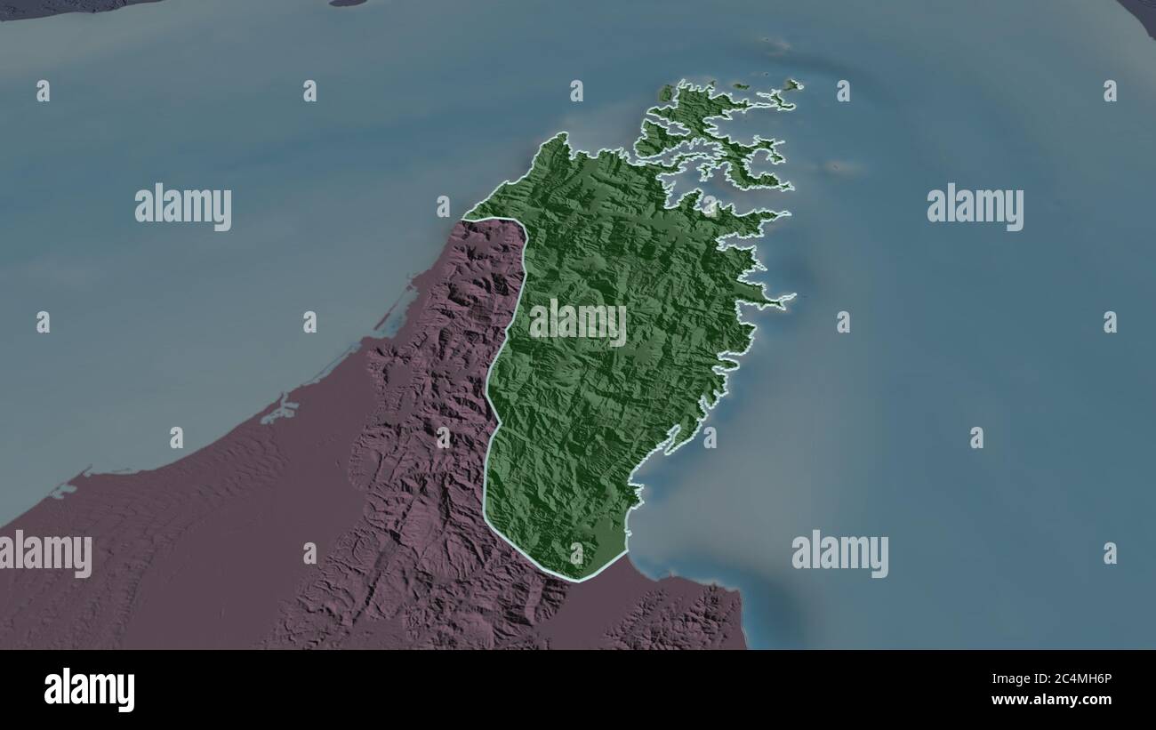 Zoom in on Musandam (province of Oman) outlined. Oblique perspective ...