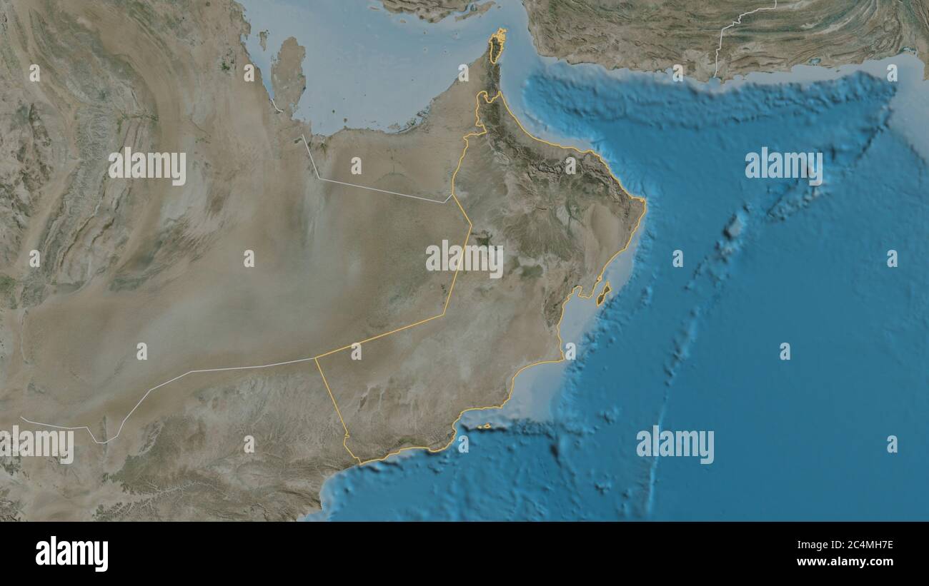 Outlined shape of the Oman area. Satellite imagery. 3D rendering Stock ...