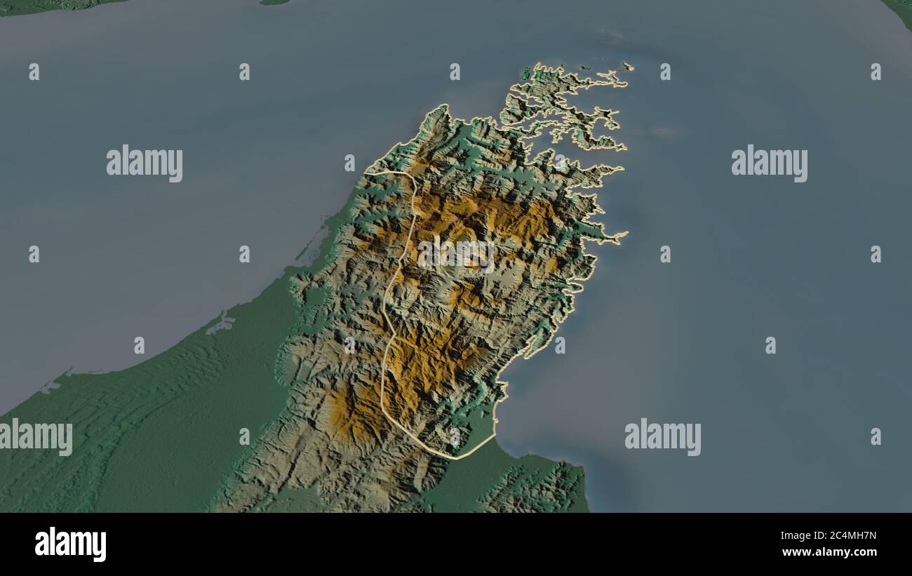Zoom in on Musandam (province of Oman) outlined. Oblique perspective ...