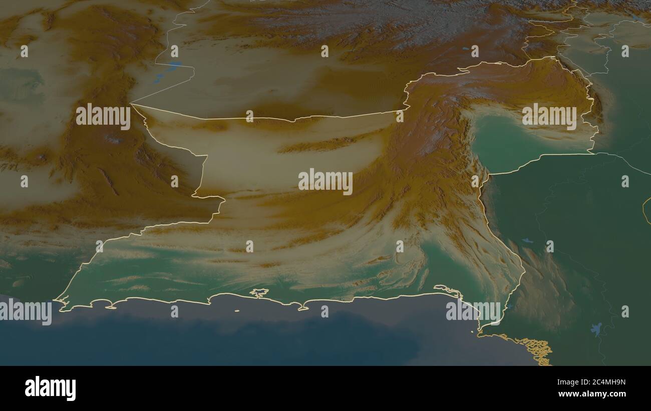 Zoom in on Baluchistan (province of Pakistan) outlined. Oblique ...
