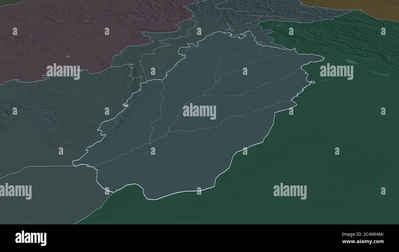 Zoom in on Punjab (province of Pakistan) outlined. Oblique perspective ...