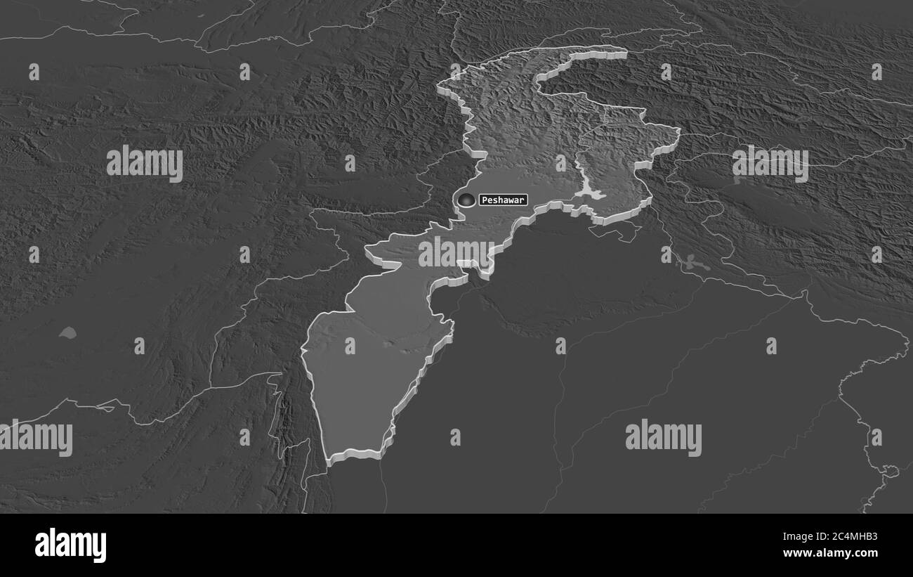 Zoom in on N.W.F.P. (province of Pakistan) extruded. Oblique ...
