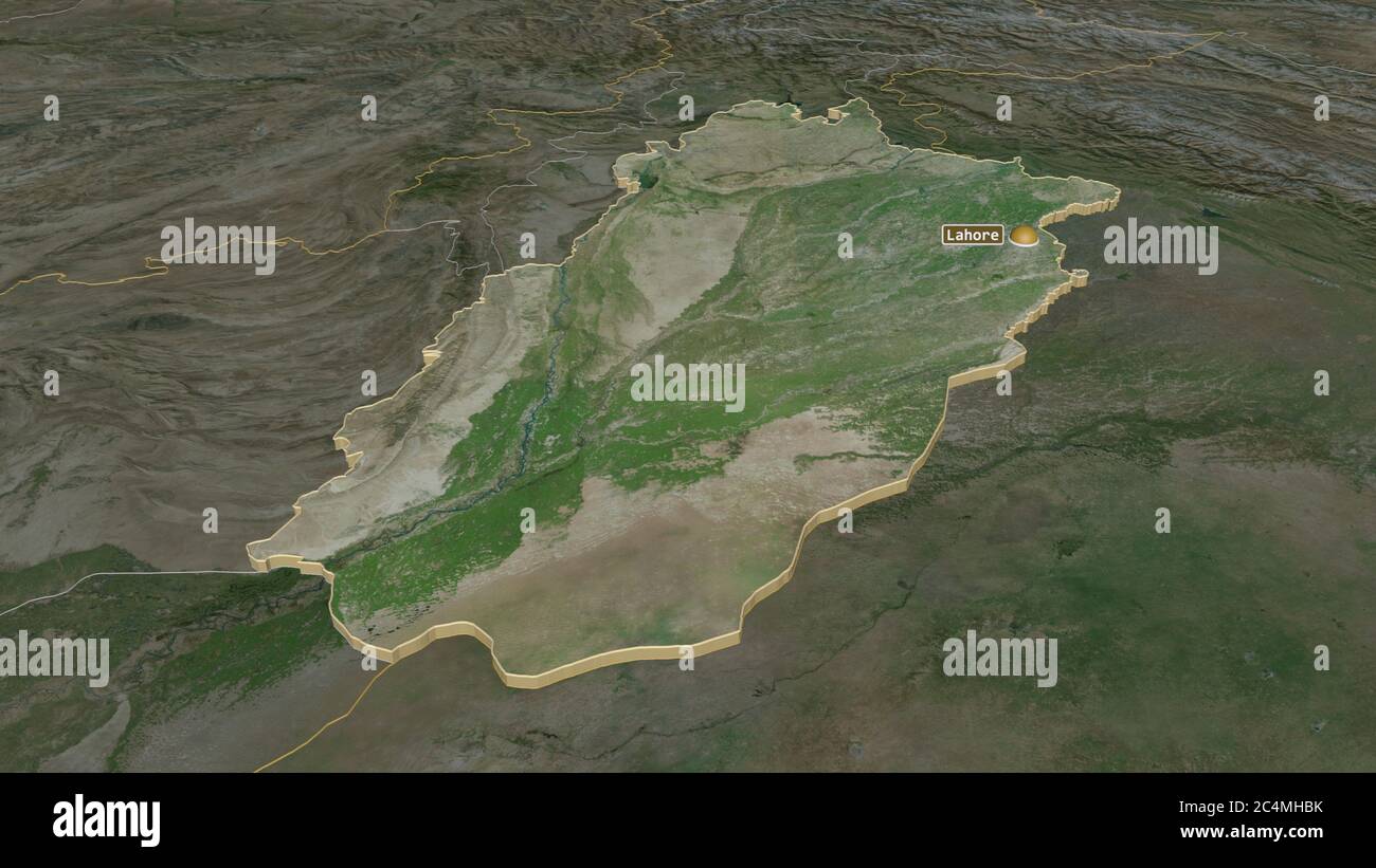 Zoom in on Punjab (province of Pakistan) extruded. Oblique perspective ...