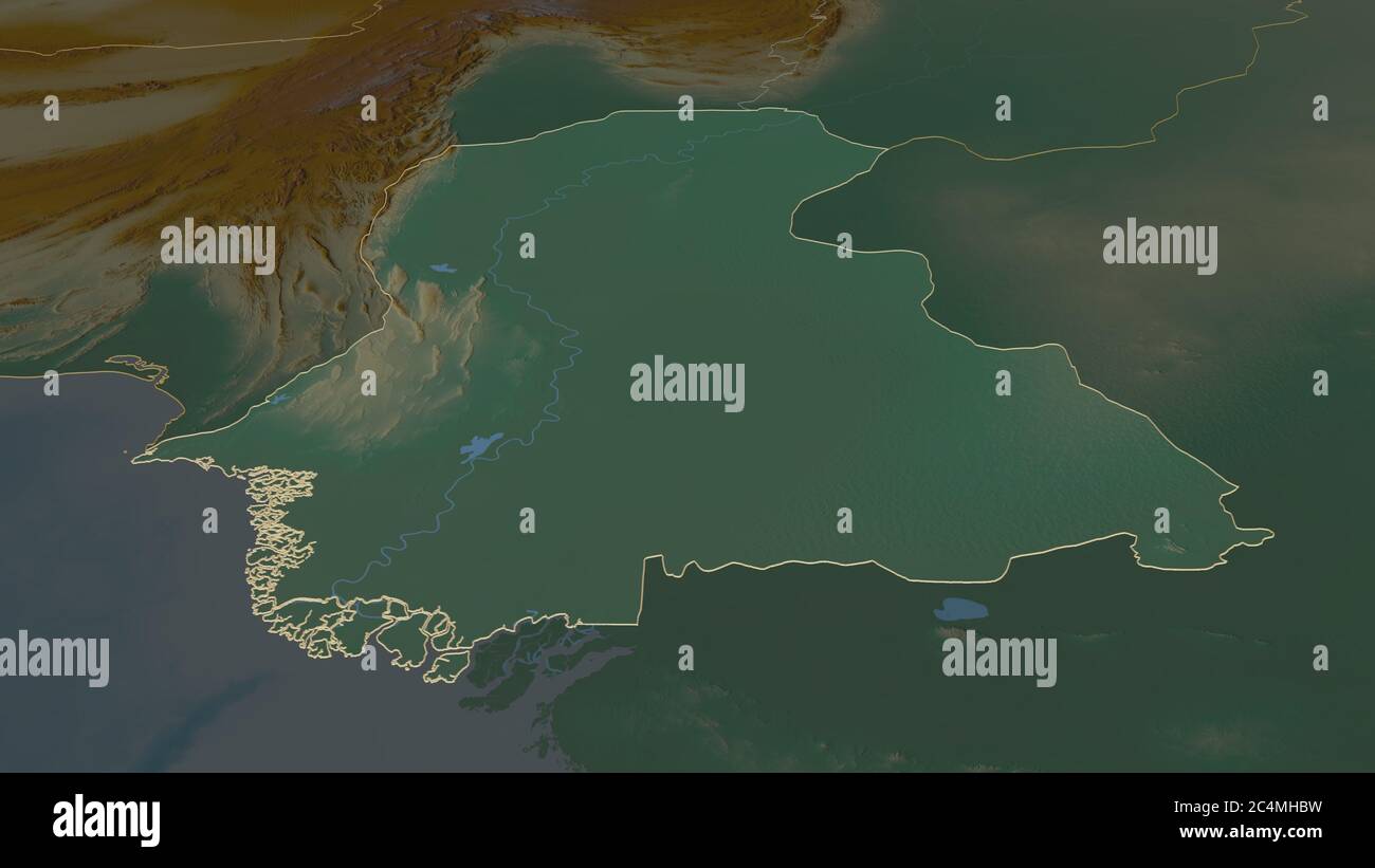 Zoom in on Sind (province of Pakistan) outlined. Oblique perspective ...