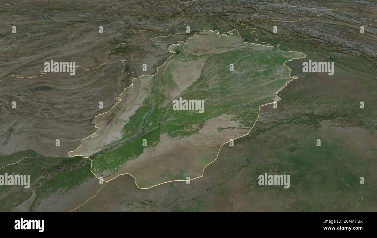 Zoom in on Punjab (province of Pakistan) outlined. Oblique perspective ...