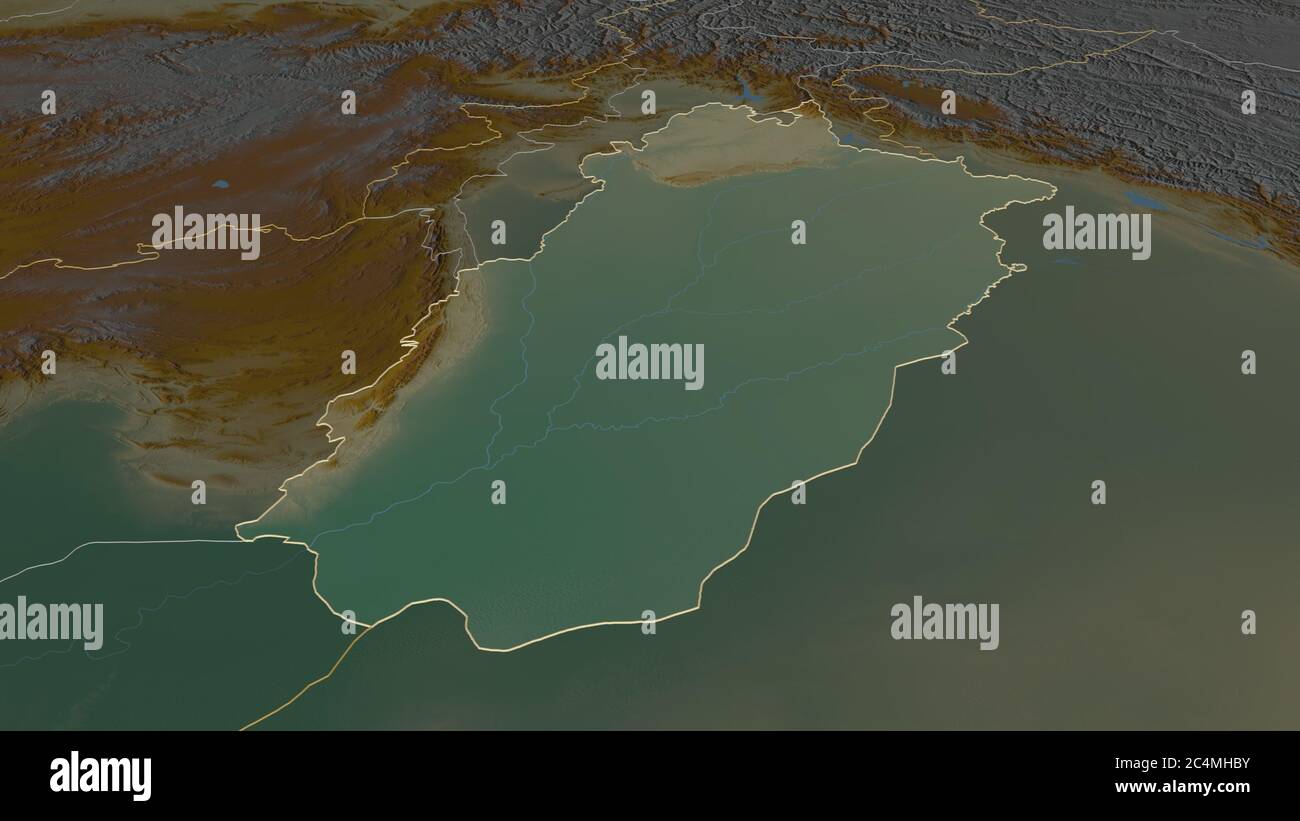 Zoom in on Punjab (province of Pakistan) outlined. Oblique perspective ...