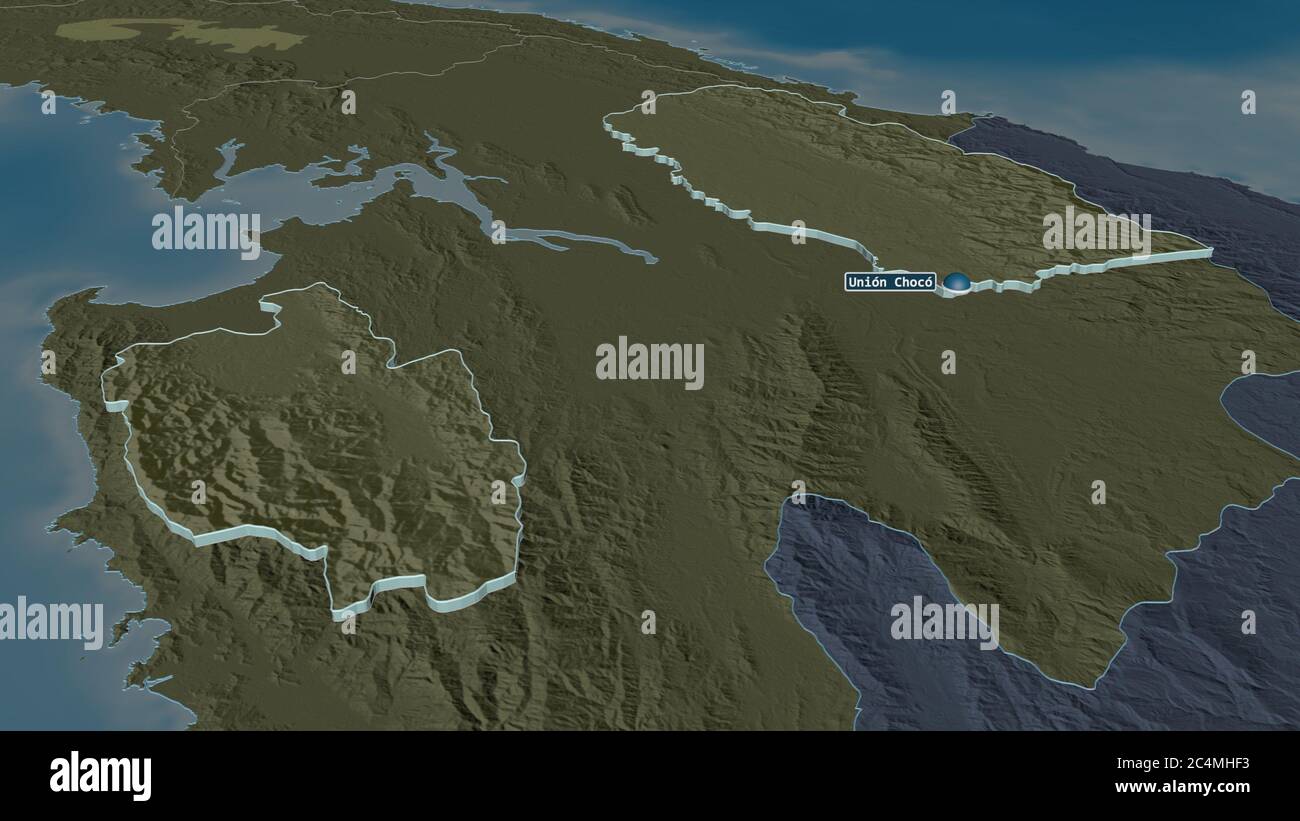 Zoom in on Emberá (indigenous territory of Panama) extruded. Oblique ...