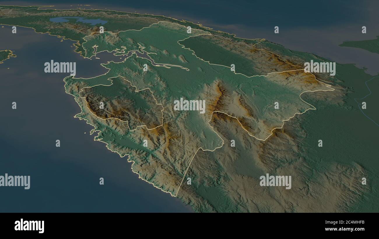 Zoom in on Darién (province of Panama) outlined. Oblique perspective ...