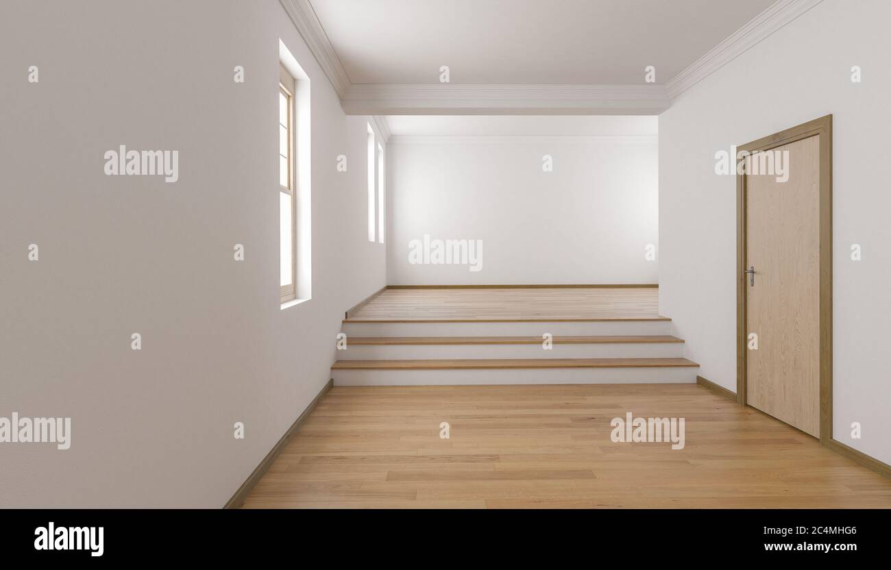 Interior Design with Raised Floor Detail and Single Hung Windows Stock ...