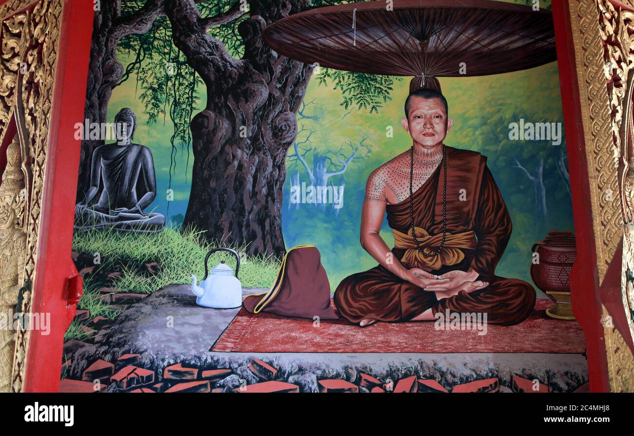 A painting depicting a Buddha scene at the Wat Muang temple, the sacred ...