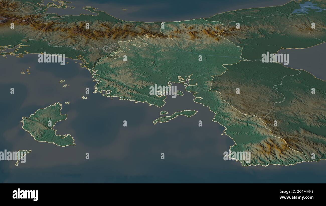 Zoom in on Veraguas (province of Panama) outlined. Oblique perspective ...