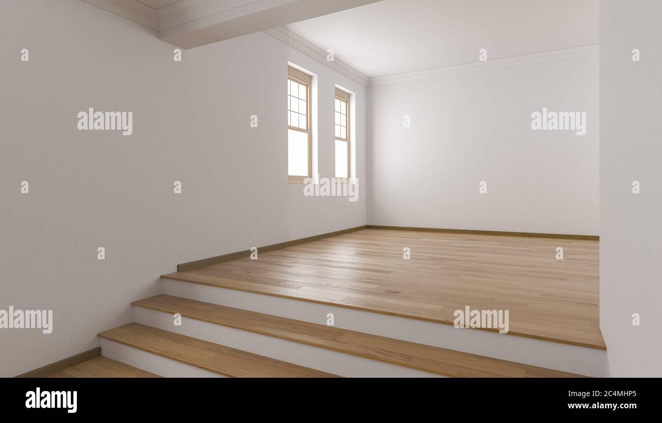 Interior Design with Raised Floor Detail and Single Hung Windows Stock ...