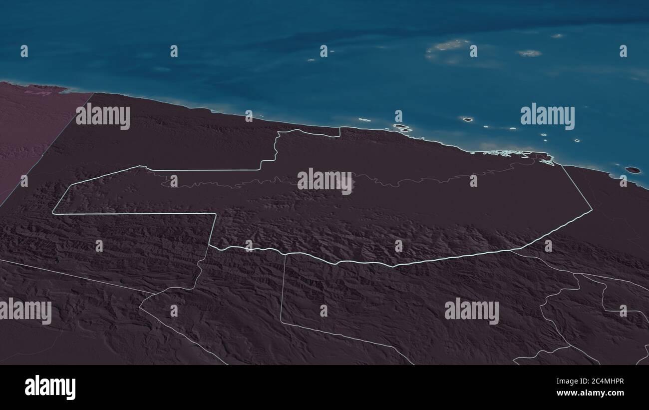 Zoom in on East Sepik (province of Papua New Guinea) outlined. Oblique ...