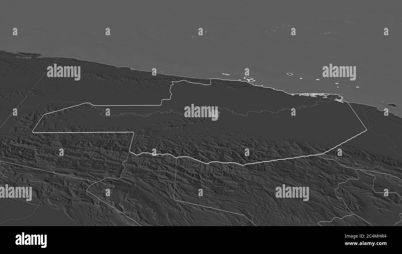 Zoom in on East Sepik (province of Papua New Guinea) outlined. Oblique ...