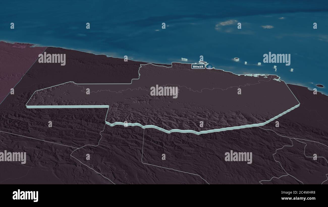 Zoom in on East Sepik (province of Papua New Guinea) extruded. Oblique ...