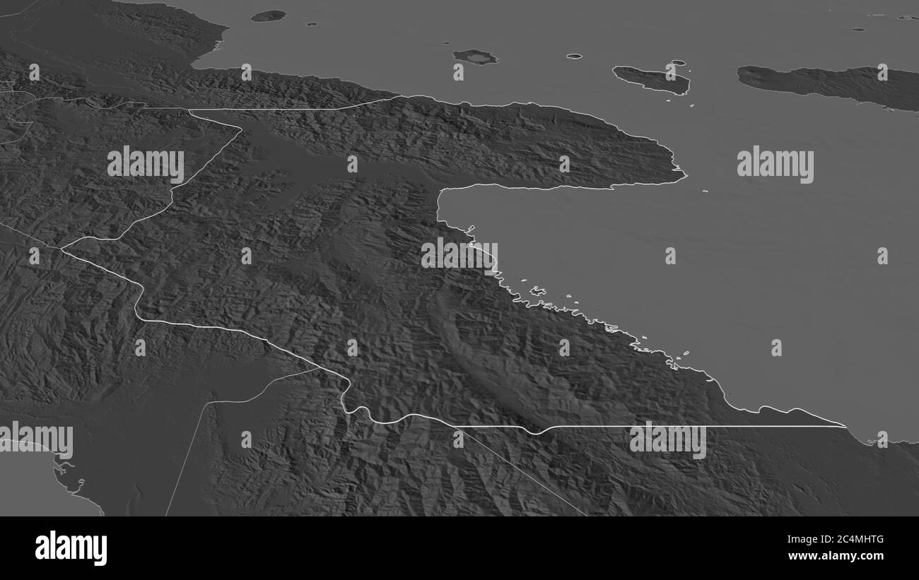 Zoom in on Morobe (province of Papua New Guinea) outlined. Oblique ...