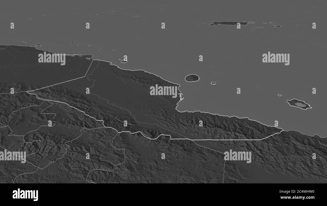 Zoom in on Madang (province of Papua New Guinea) outlined. Oblique ...
