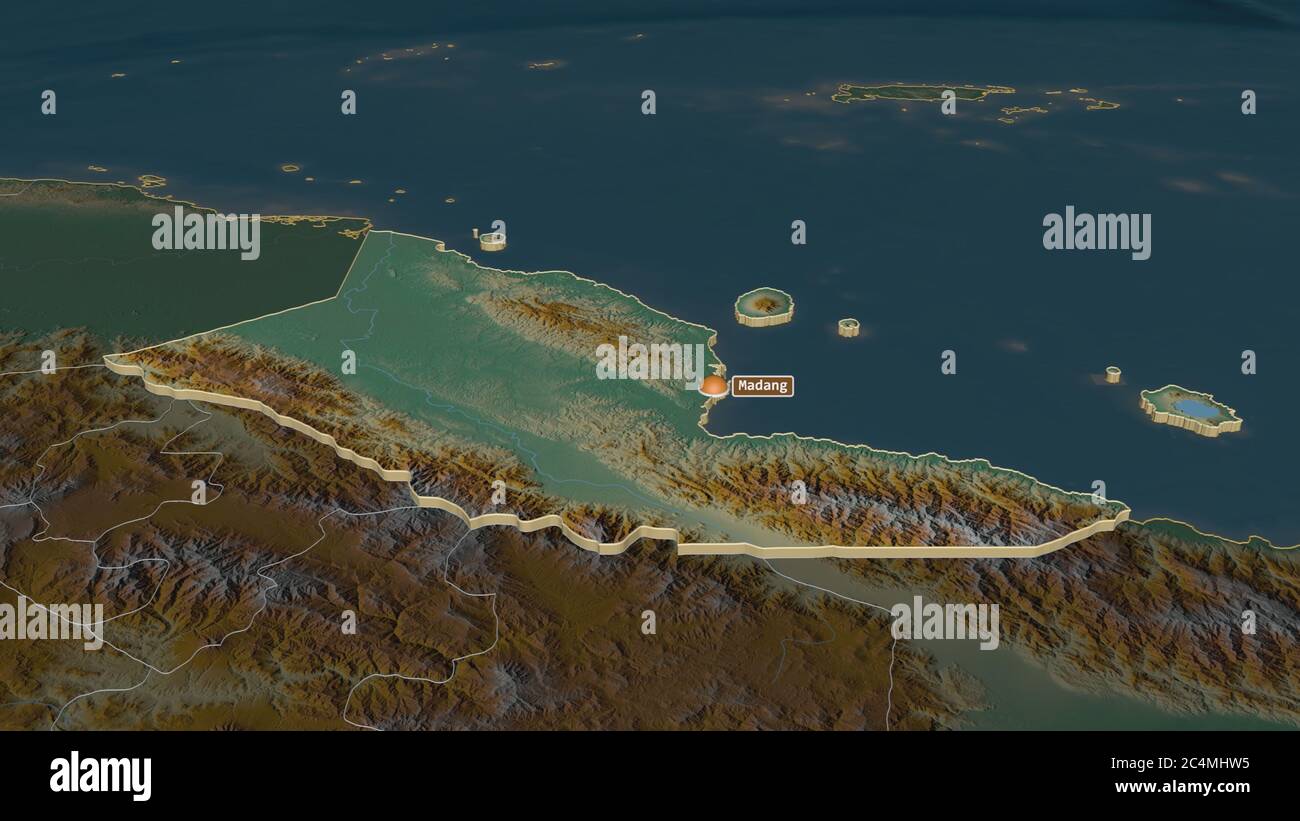 Zoom in on Madang (province of Papua New Guinea) extruded. Oblique ...