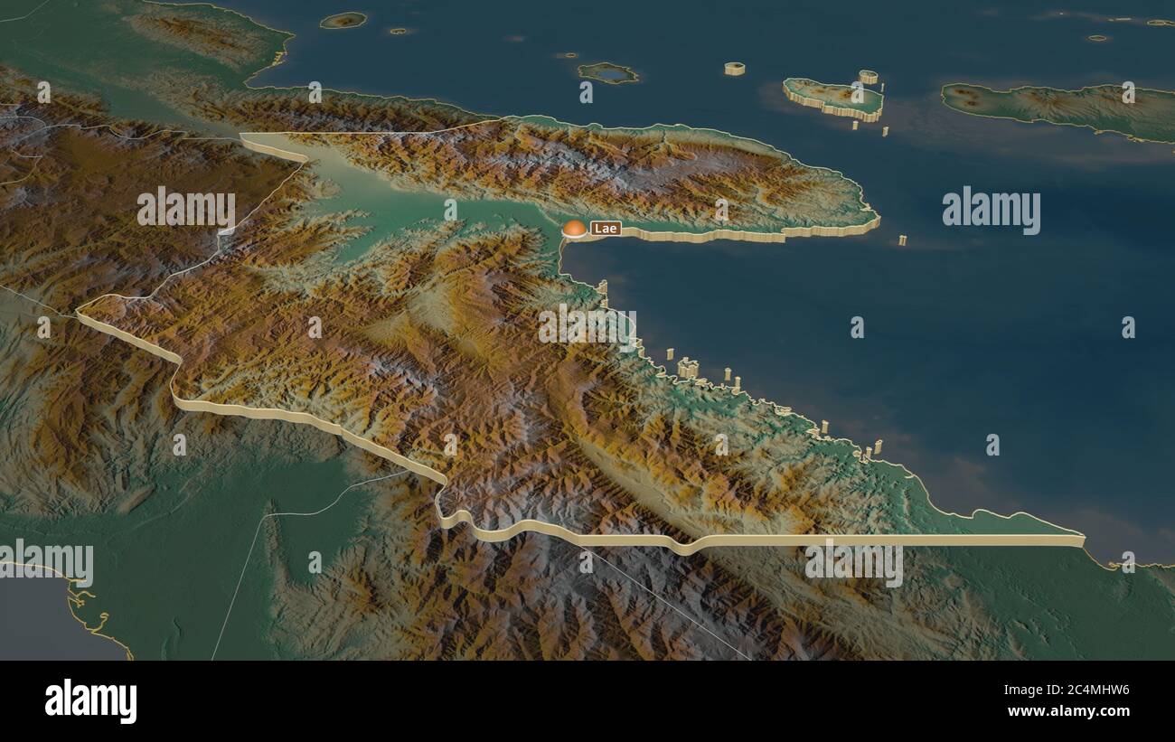 Zoom in on Morobe (province of Papua New Guinea) extruded. Oblique ...