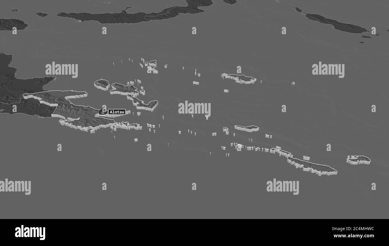 Zoom in on Milne Bay (province of Papua New Guinea) extruded. Oblique ...