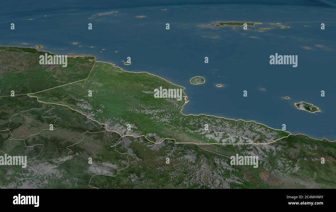 Zoom in on Madang (province of Papua New Guinea) outlined. Oblique ...