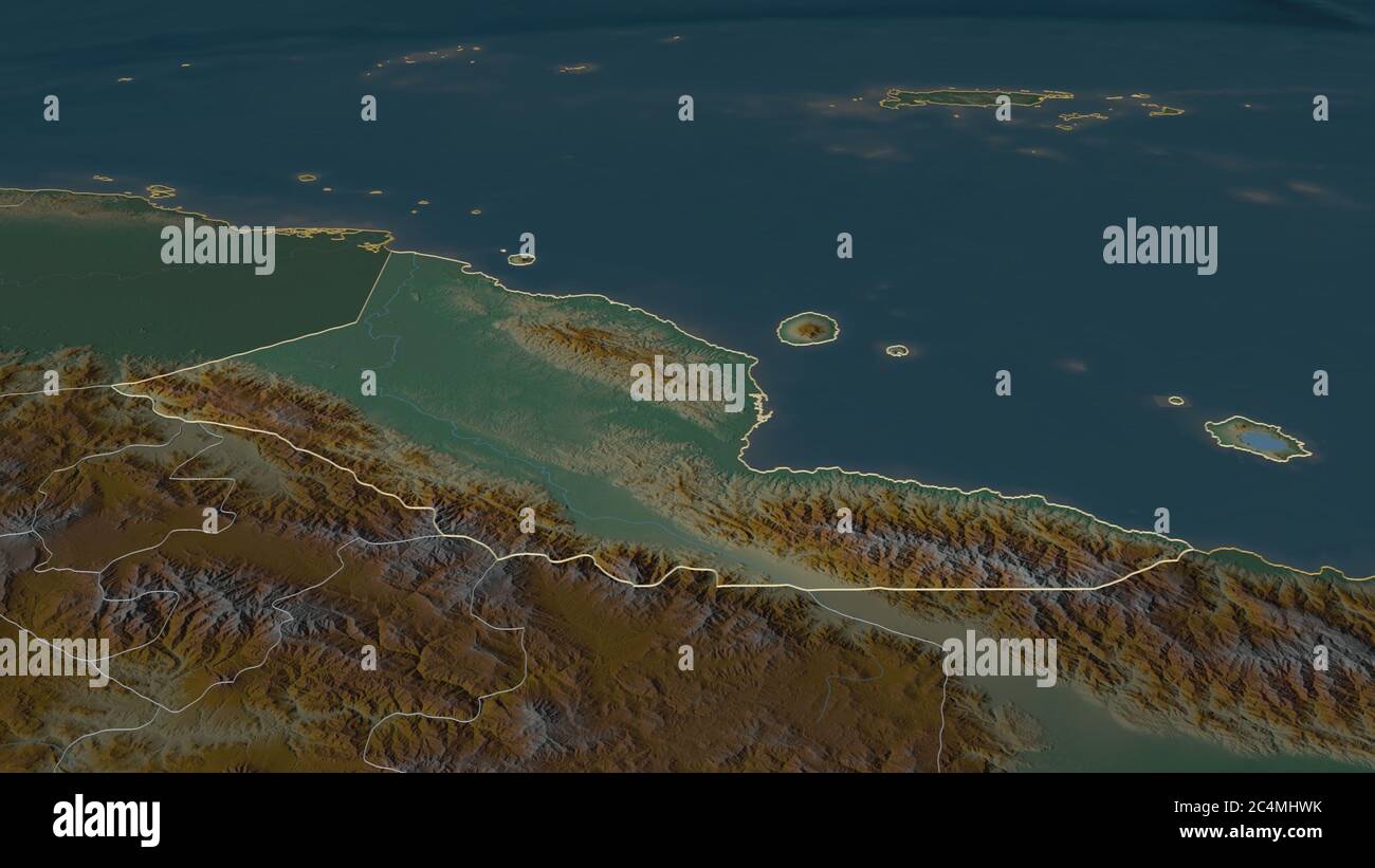 Zoom in on Madang (province of Papua New Guinea) outlined. Oblique ...