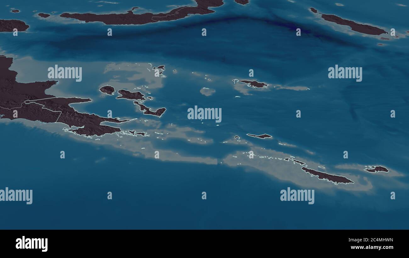 Zoom in on Milne Bay (province of Papua New Guinea) outlined. Oblique ...