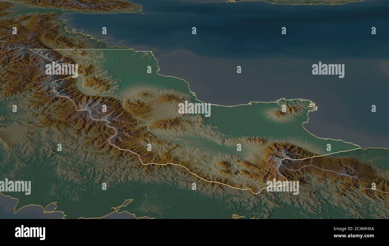 Zoom in on Oro (province of Papua New Guinea) outlined. Oblique ...