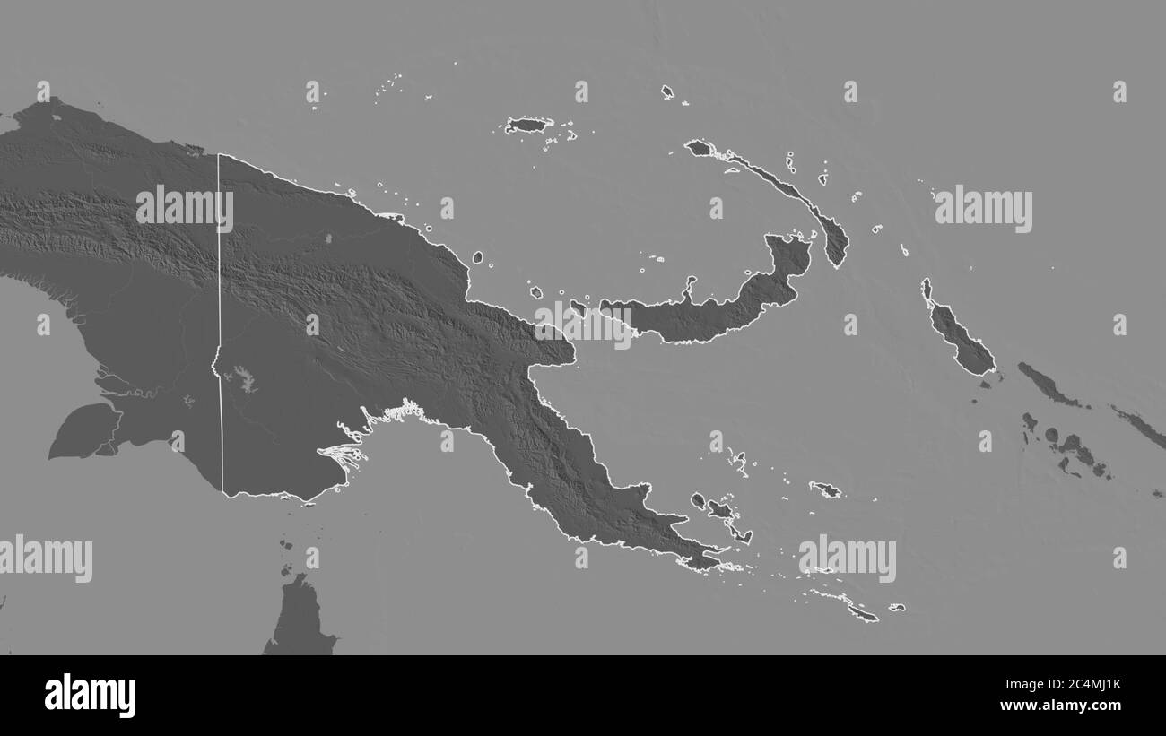 Outlined shape of the Papua New Guinea area. Bilevel elevation map with ...