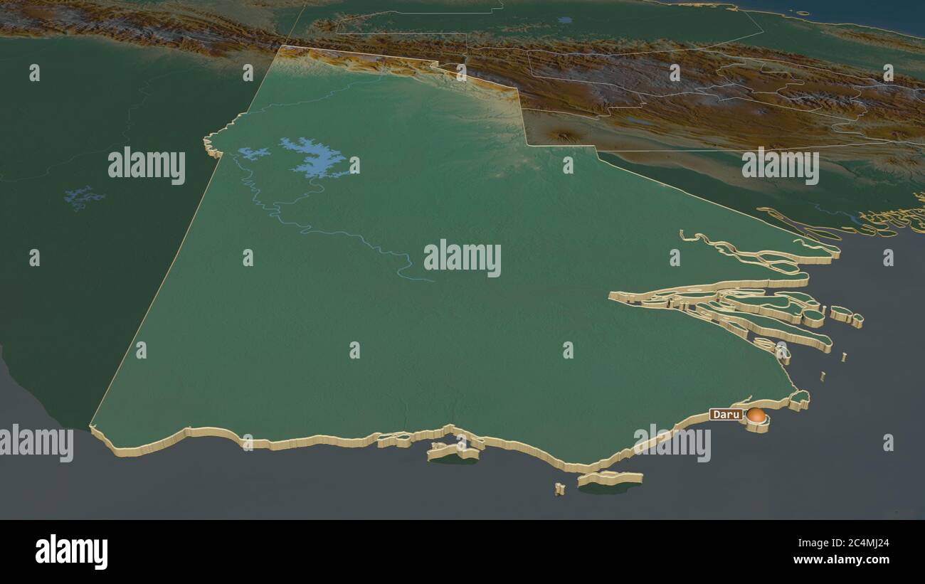 Zoom in on Western (province of Papua New Guinea) extruded. Oblique ...