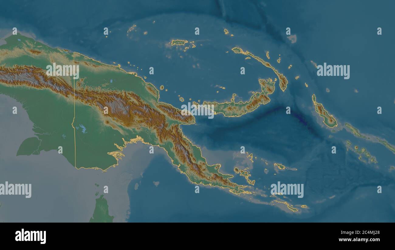Outlined shape of the Papua New Guinea area. Topographic relief map ...