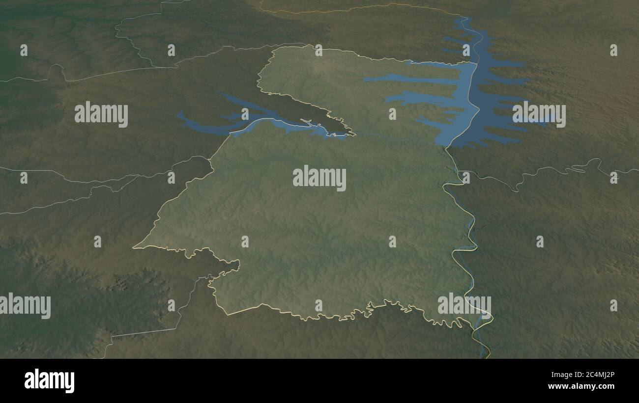 Zoom in on Alto Paraná (department of Paraguay) outlined. Oblique ...