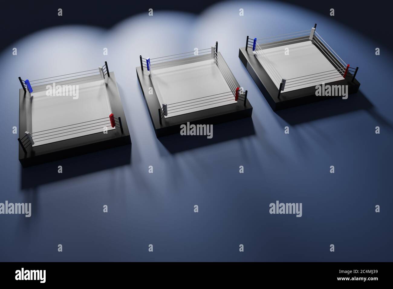 3d illustration three rings for boxing fights with a blue and red ...