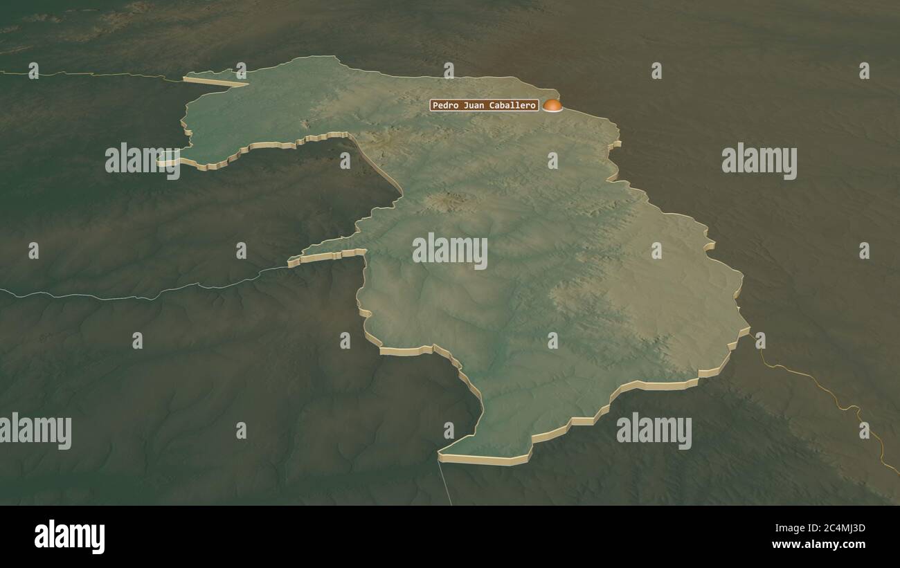 Zoom in on Amambay (department of Paraguay) extruded. Oblique ...